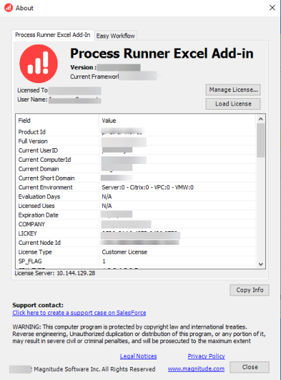 Send License Details | Process Runner Excel Add-in