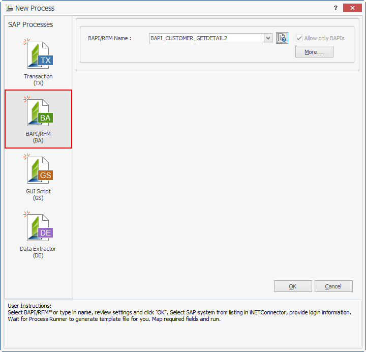 Working with Process Runner > How to create New Process > BAPI/RFM ...